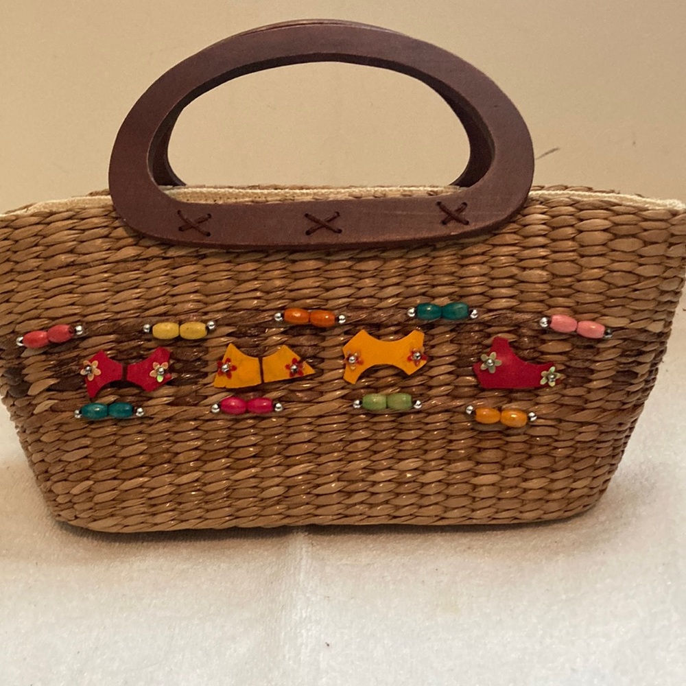 Vintage Rattan Purse With Wood Handles - Gem